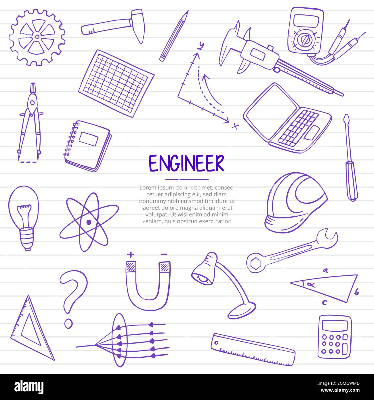 engineer job or jobs profession doodle hand drawn with outline style on ...