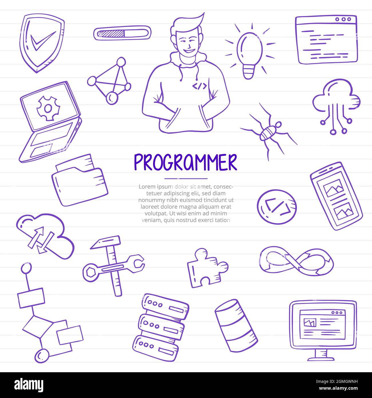 programmer job or jobs profession doodle hand drawn with outline style ...