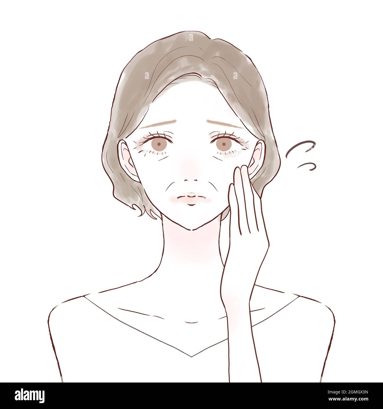 Middle-old woman suffering from makeup collapse. On a white background ...