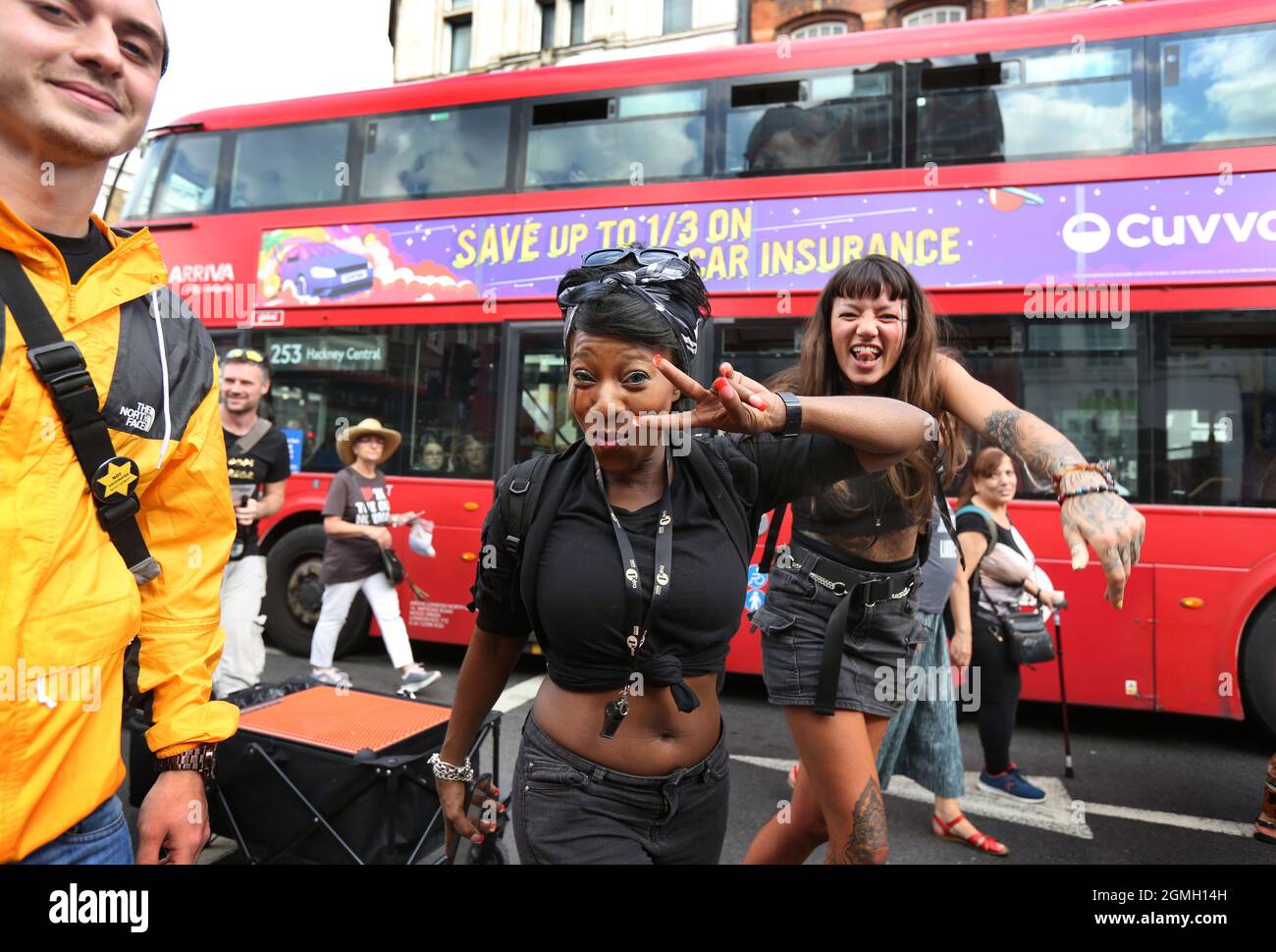 London, UK. 18th Sep, 2021. Protesters dance to music played through ...