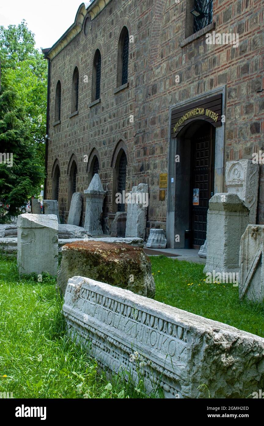 Sofia Bulgaria, stone blocks with roman carvings Translation Cyrillic ...