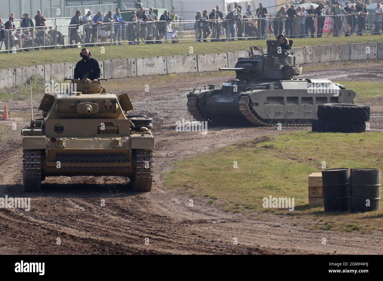 Panzer III WW2 tank in action during a demonstration at Bovington Tank ...