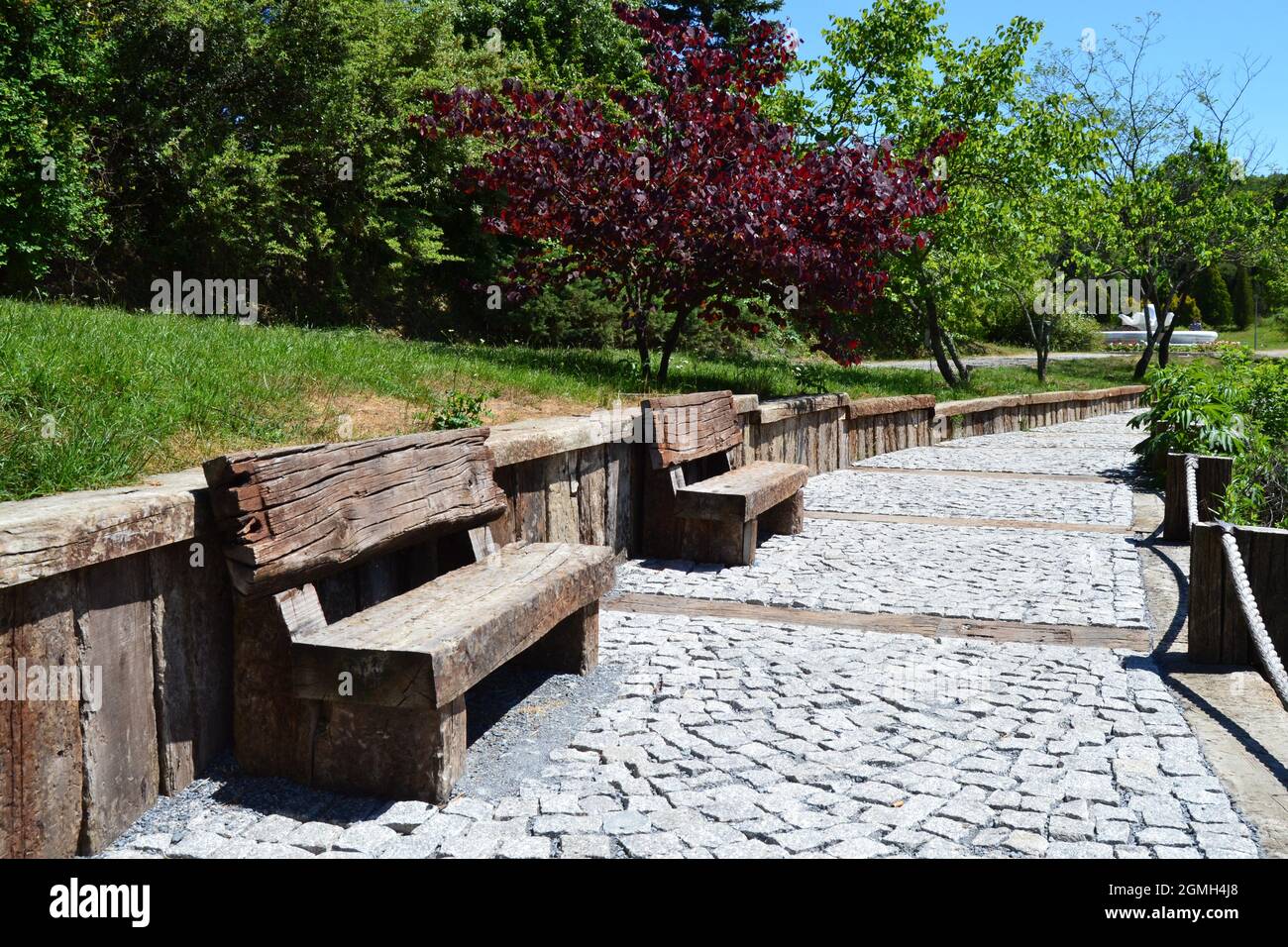 Wooden Benches In A Nature Park Stock Photo - Alamy
