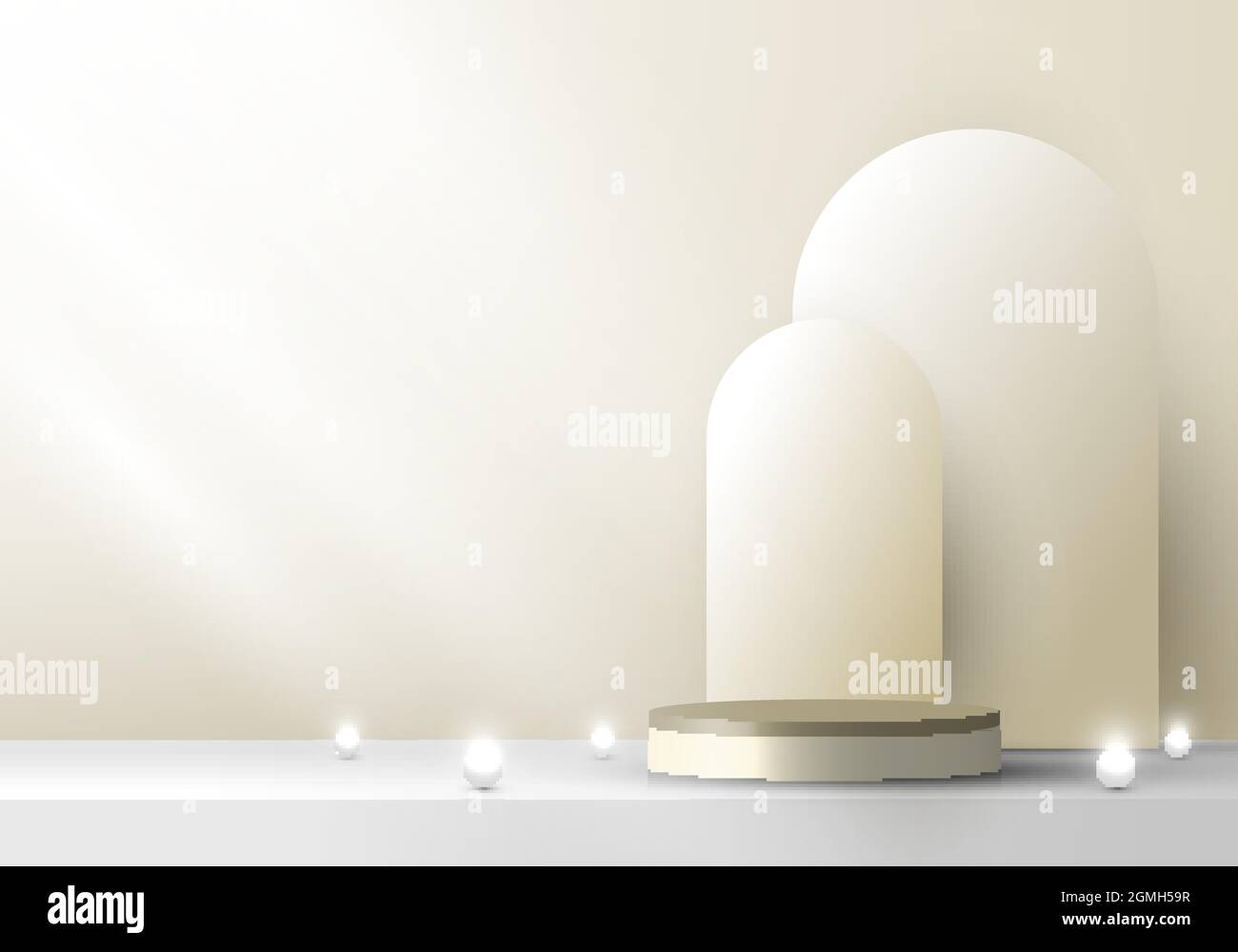 3D stage beige color podium pedestal and rounded backdrop with neon ...