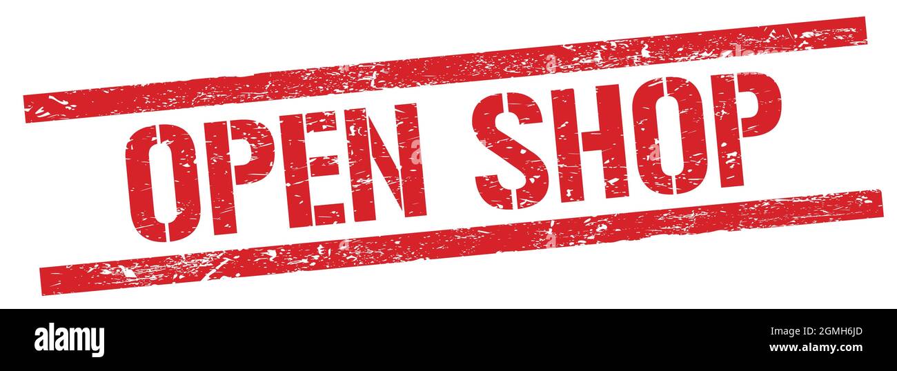 OPEN SHOP text on red grungy rectangle stamp sign Stock Photo - Alamy