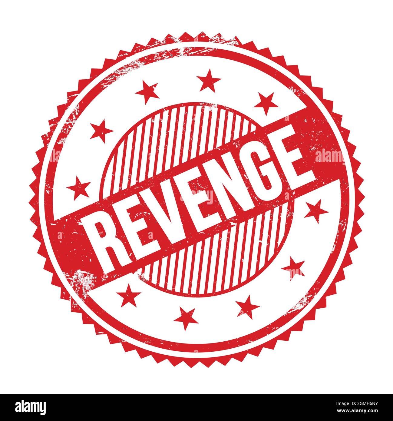 REVENGE text written on red grungy zig zag borders round stamp Stock ...