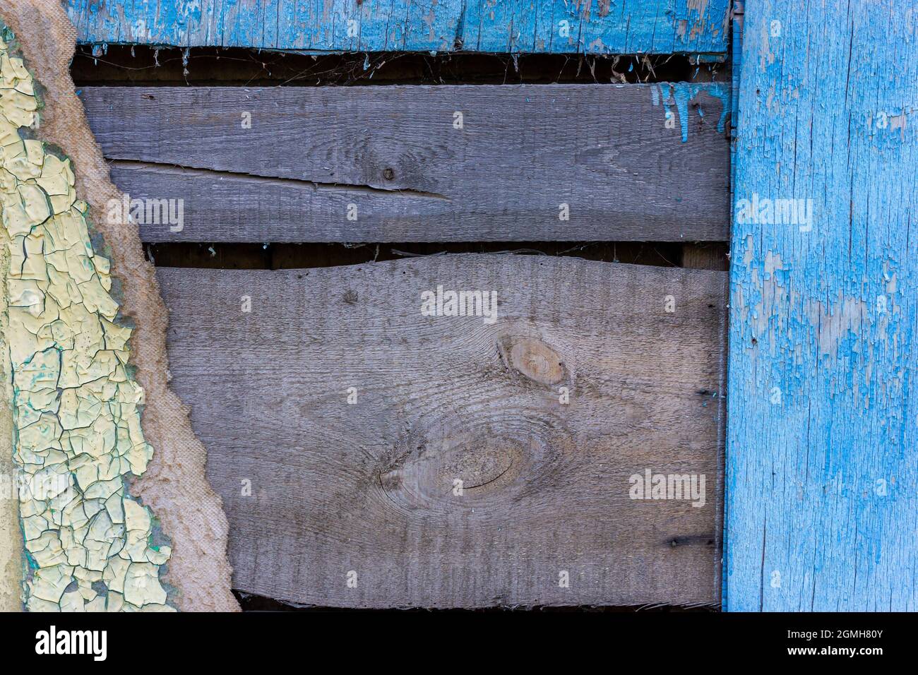 Destroyed wooden wall. Damaged wood surface. Texture of an old shabby ...