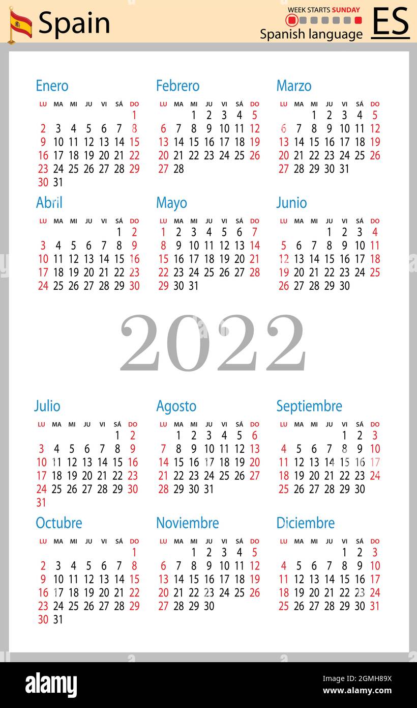 Spanish vertical pocket calendar for 2022 (two thousand twenty two ...