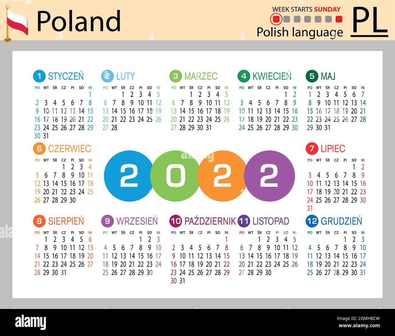 Polish horizontal pocket calendar for 2022 (two thousand twenty two ...