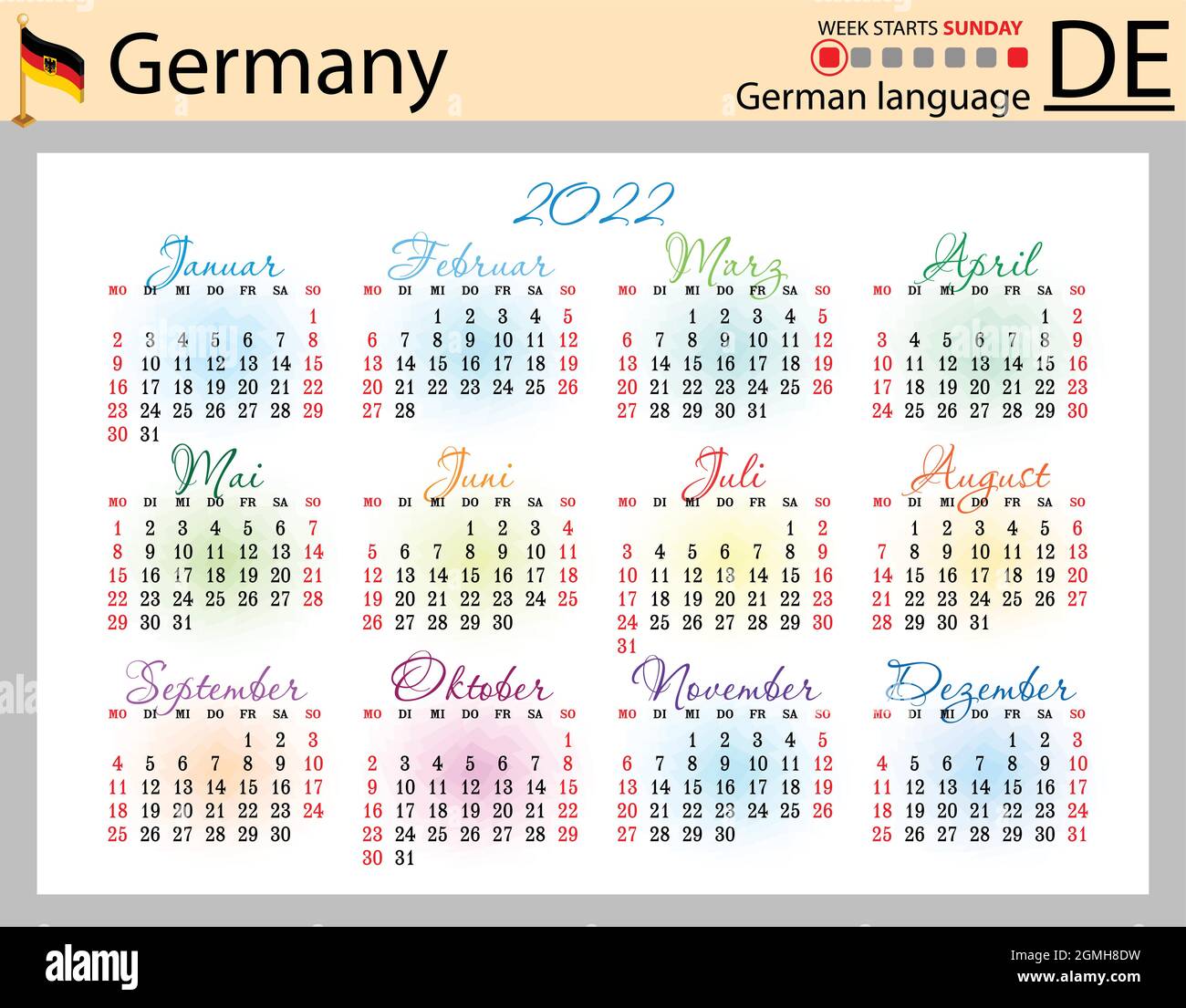 German horizontal pocket calendar for 2022 (two thousand twenty two ...