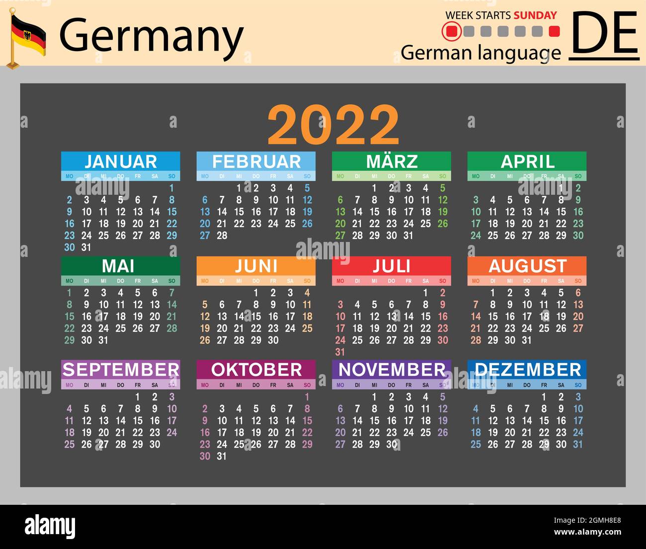 German horizontal pocket calendar for 2022 (two thousand twenty two ...