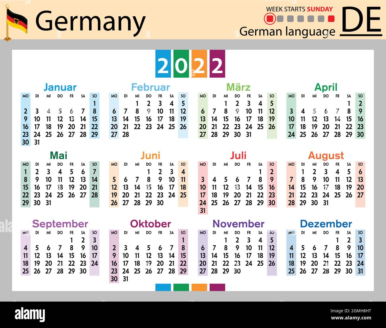 German horizontal pocket calendar for 2022 (two thousand twenty two ...