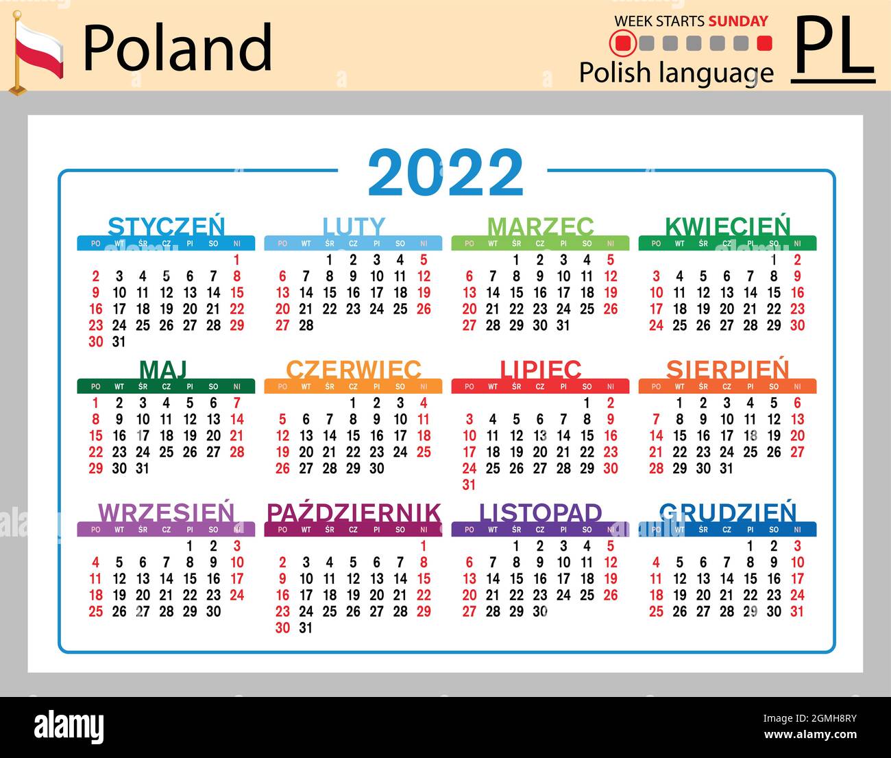Polish horizontal pocket calendar for 2022 (two thousand twenty two ...
