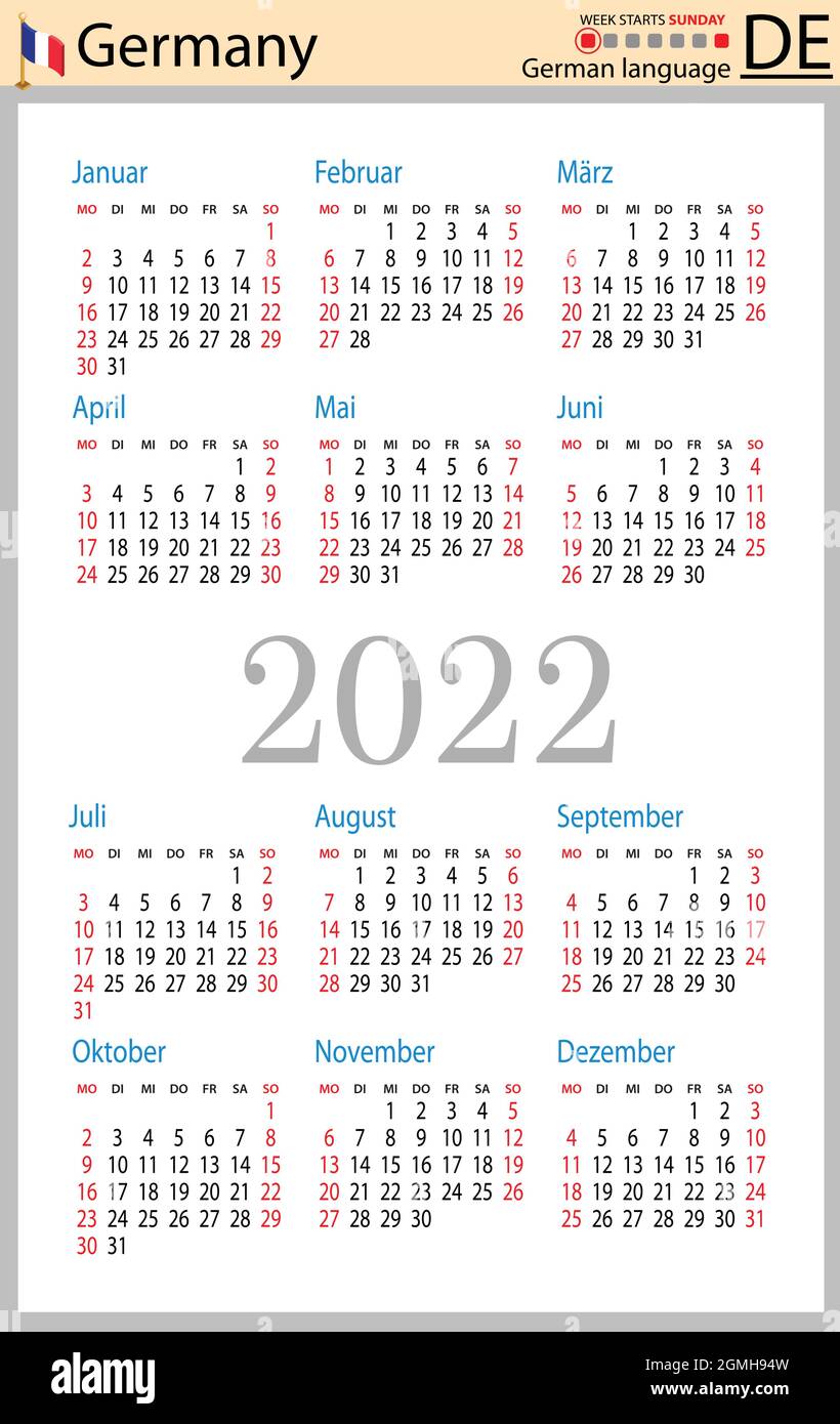 German vertical pocket calendar for 2022 (two thousand twenty two ...