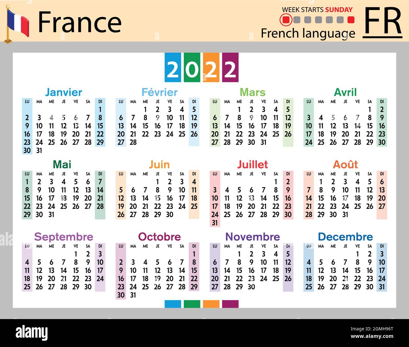 French horizontal pocket calendar for 2022 (two thousand twenty two ...