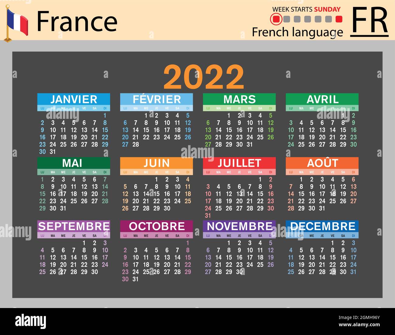 French horizontal pocket calendar for 2022 (two thousand twenty two ...