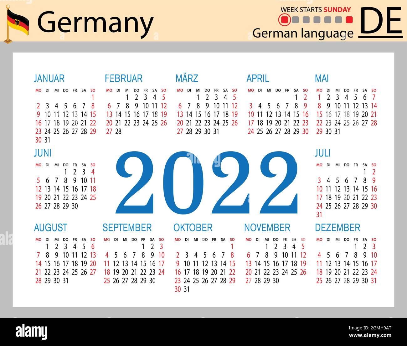 German horizontal pocket calendar for 2022 (two thousand twenty two ...