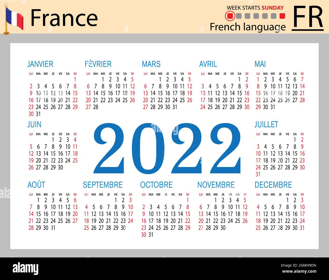French horizontal pocket calendar for 2022 (two thousand twenty two ...