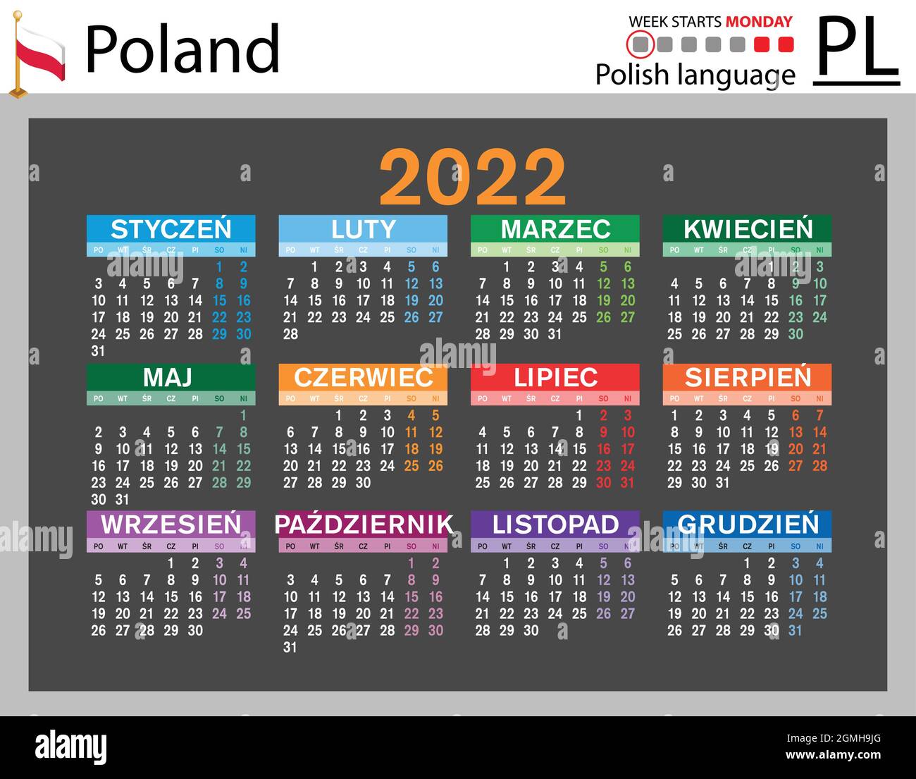Polish horizontal pocket calendar for 2022 (two thousand twenty two ...