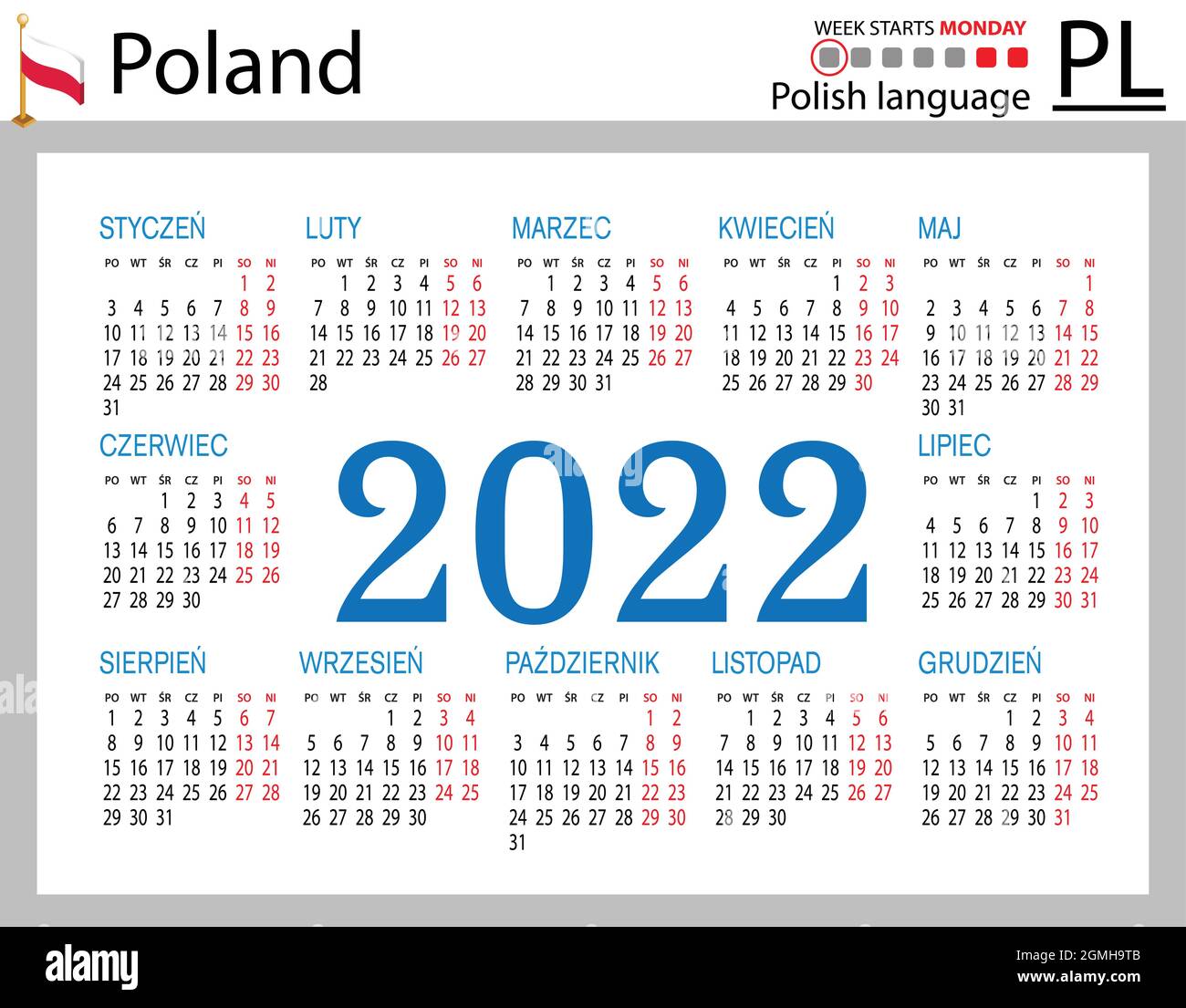 Polish horizontal pocket calendar for 2022 (two thousand twenty two ...