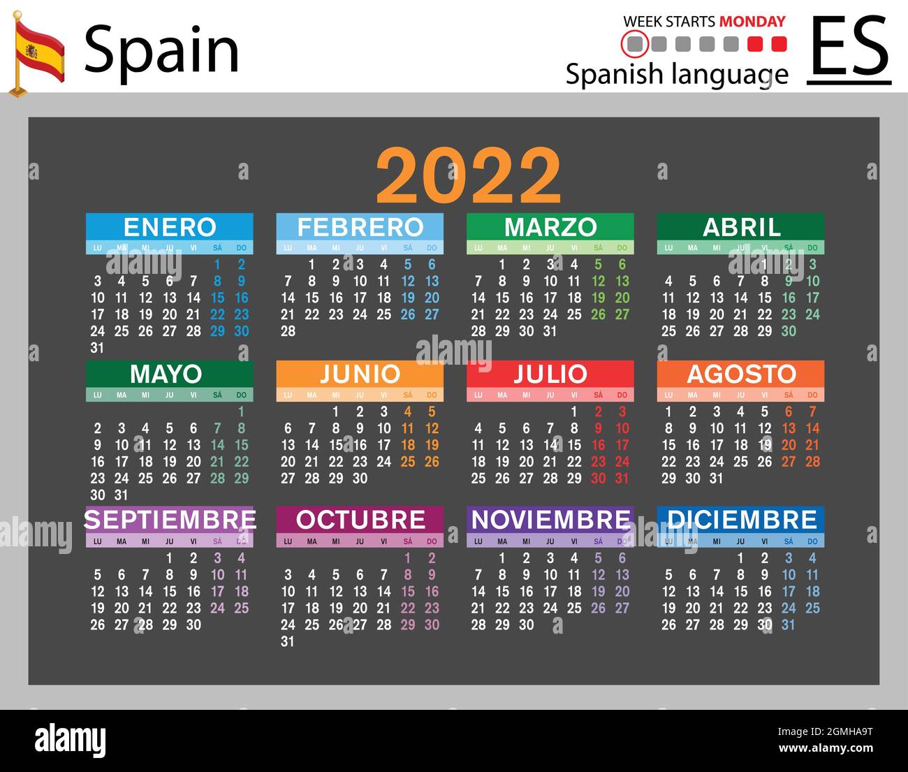 Spanish horizontal pocket calendar for 2022 (two thousand twenty two ...