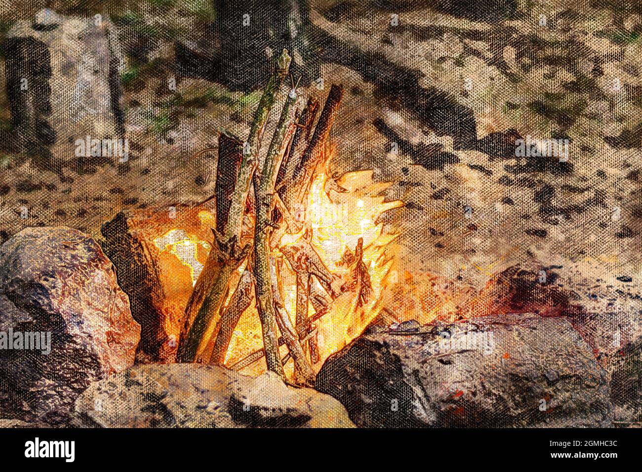 Campfire surrounded by rocks. Branches engulfed in flames. Hiking ...
