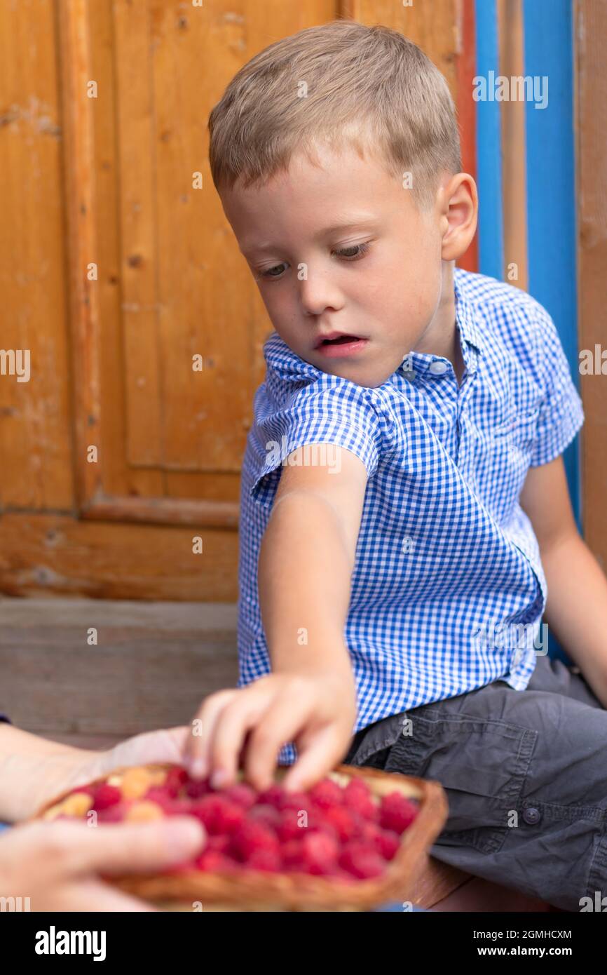 A six-year-old contented boy eats fresh fragrant raspberries in the ...