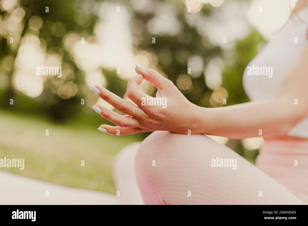 close-up of woman hand in meditating lotus position, concept of ...