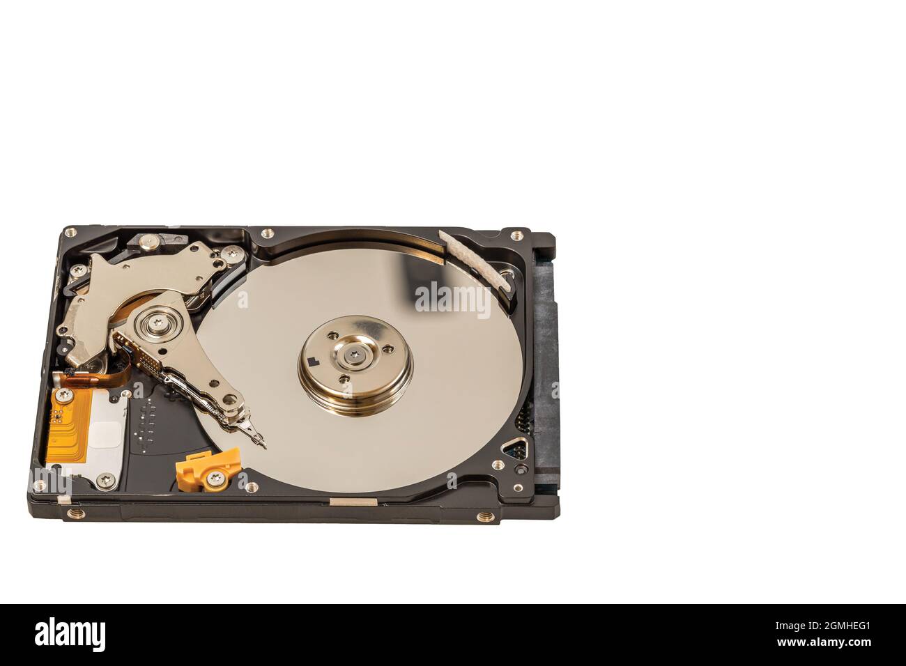 Close up view of disassembled hard drive isolated on white background ...