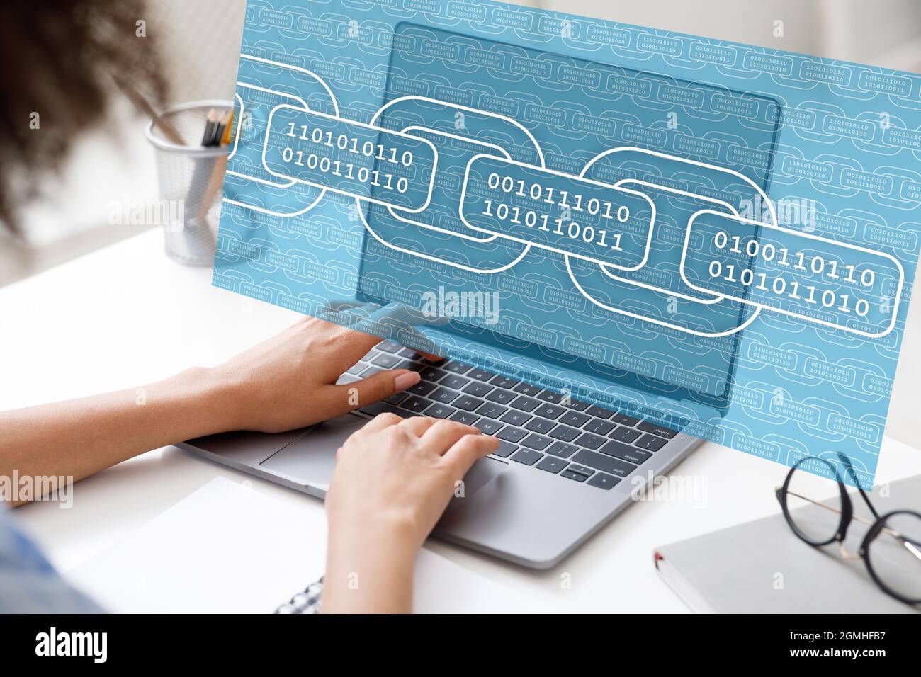 Cropped young black female, modern worker programmer working on ...