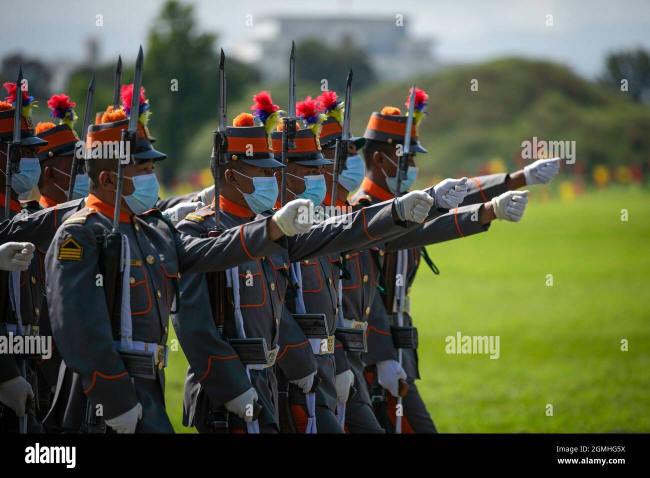Kathmandu, Nepal. 19th Sep, 2021. Nepalese armed Police Force march during the 7th Constitution ...