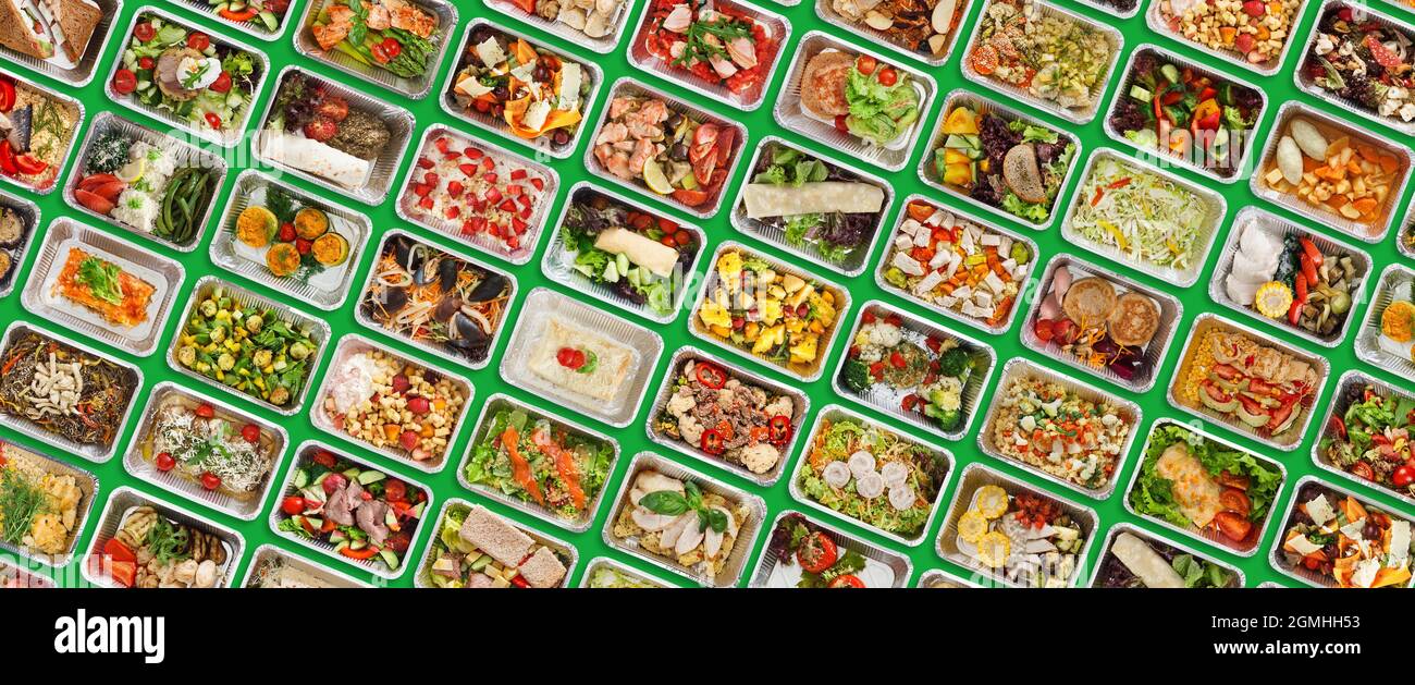 Collage Of Take Away Foil Lunch Boxes With Healthy Meals Stock Photo ...