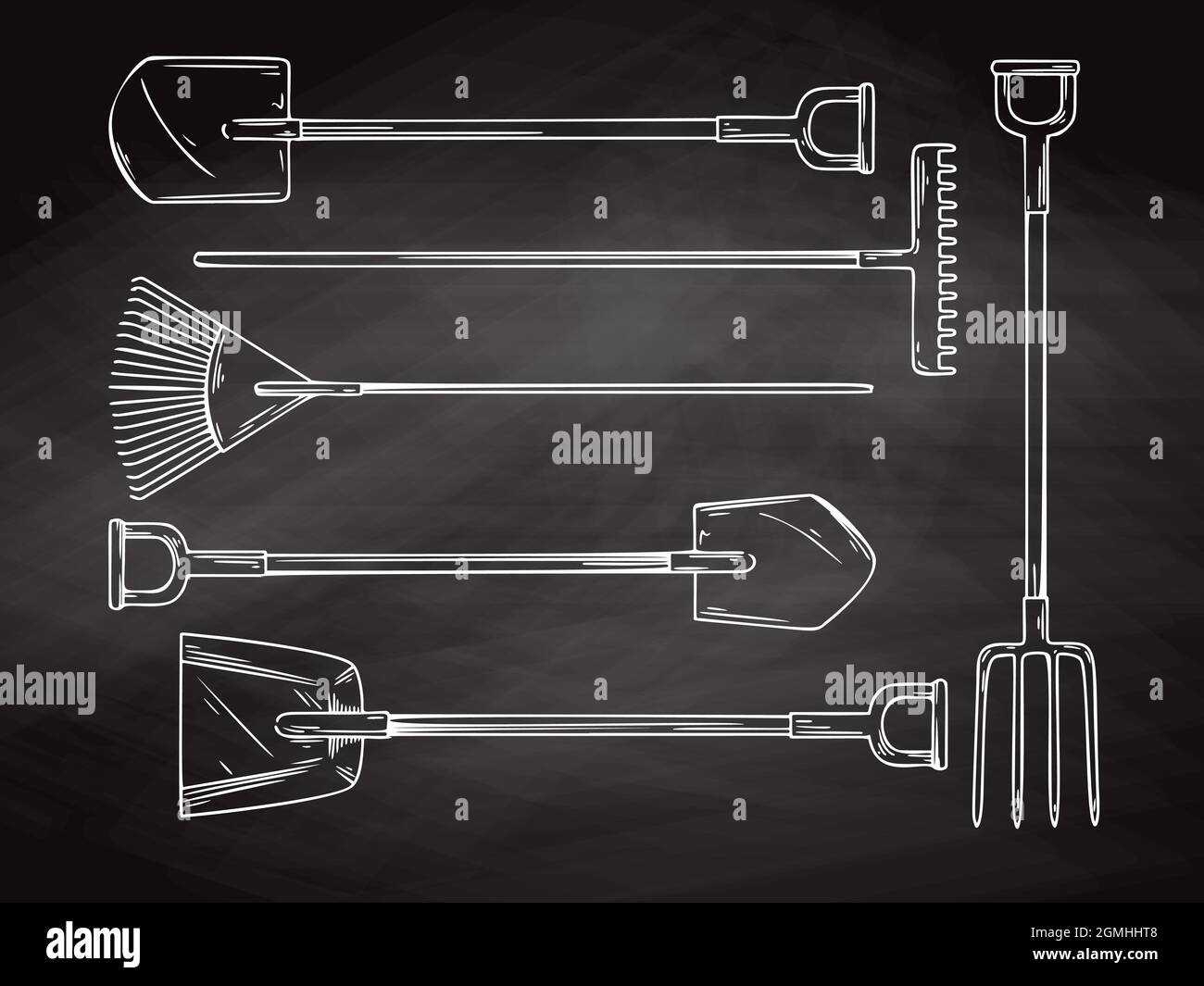 Set of different garden tools. Shovel, rake, pitchfork, spade. Vector ...