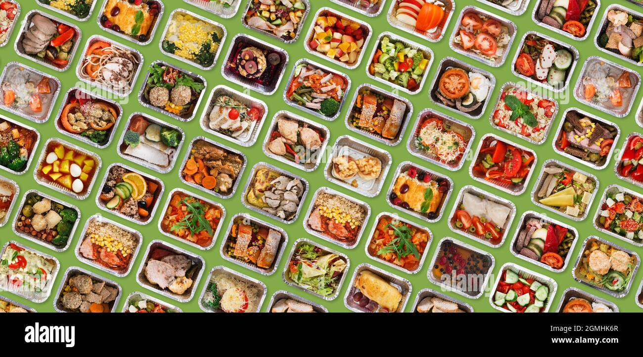 Healthy Eating. Set Of Containers With Tasty Everyday Meals Over Green ...