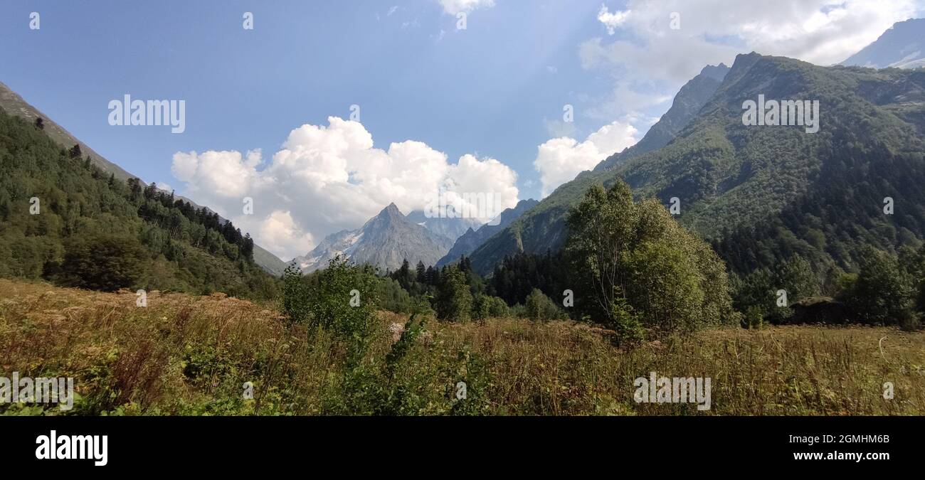Summer mountains valley canyon wide summer panorama North Caucasus landscape, Dombai, Russia ...