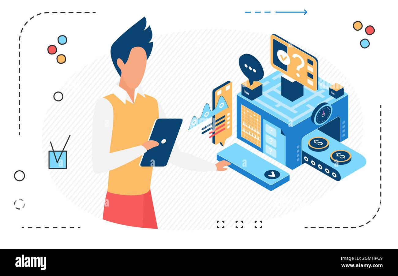Businessman working with dashboard of finance analysis system isometric ...