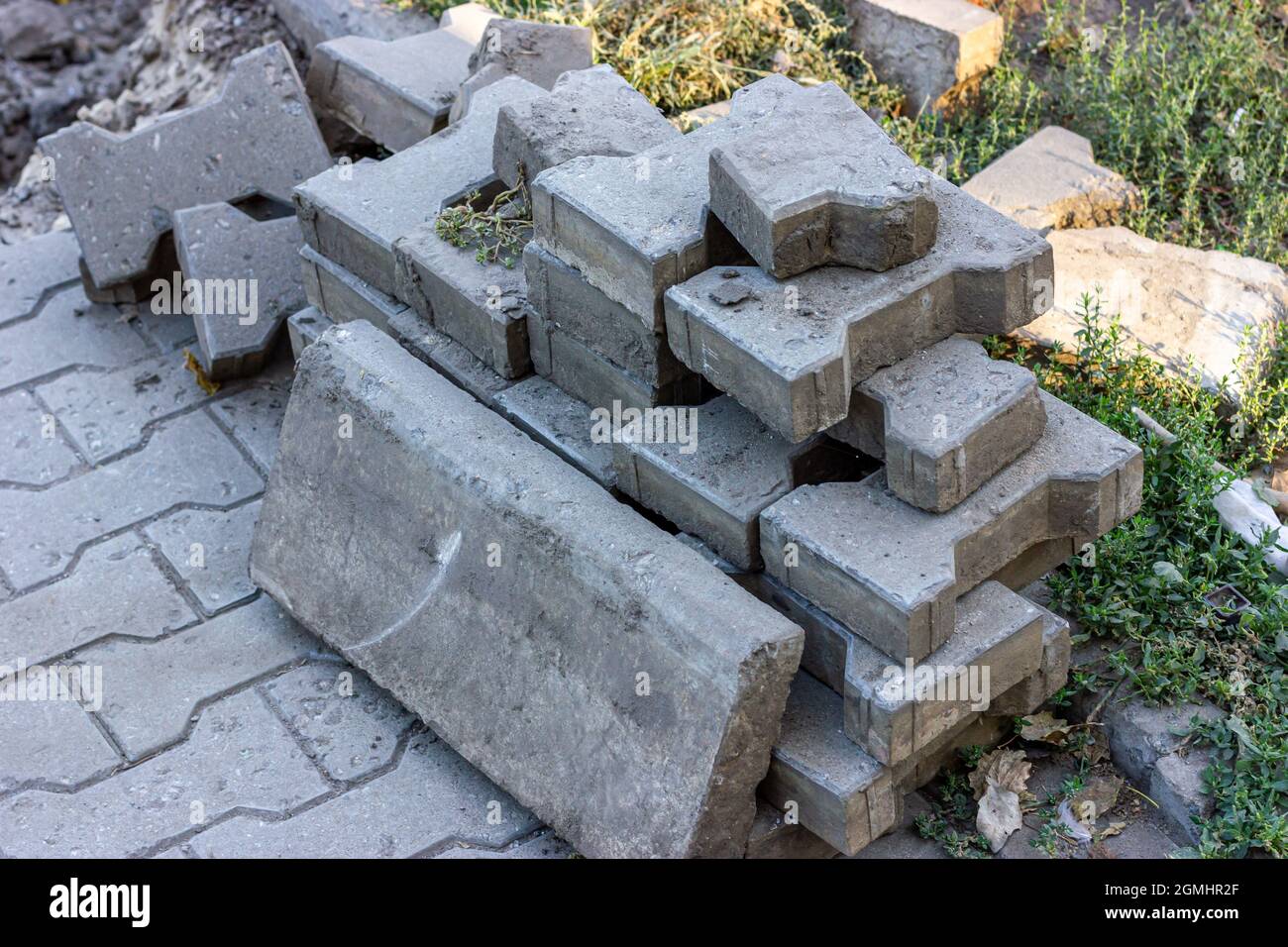 Destroyed paving slabs. Stretch pavement. Repair of the sidewalk Stock ...