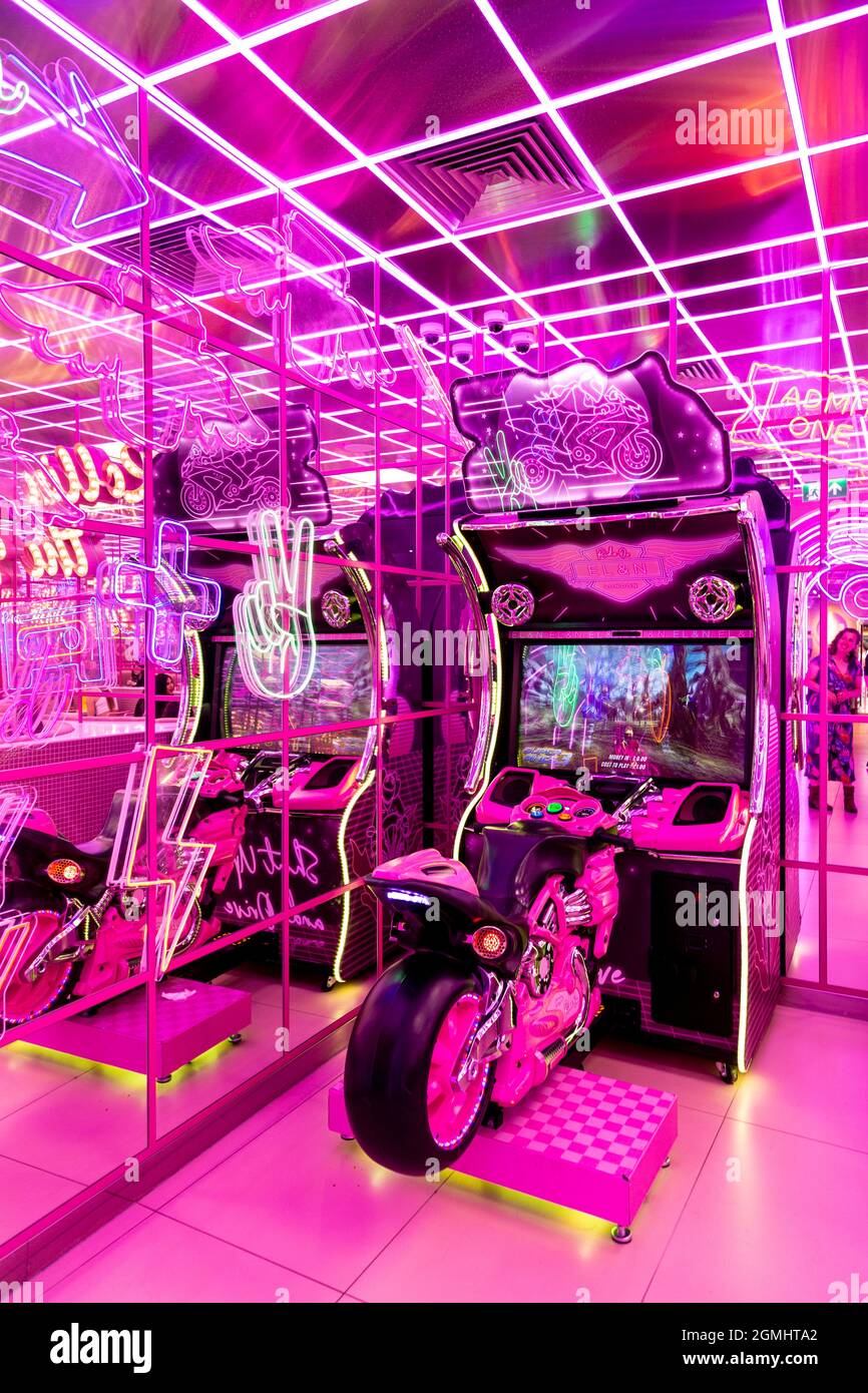 Motorcycle arcade game inside EL&N Soho cafe, London, UK Stock Photo ...
