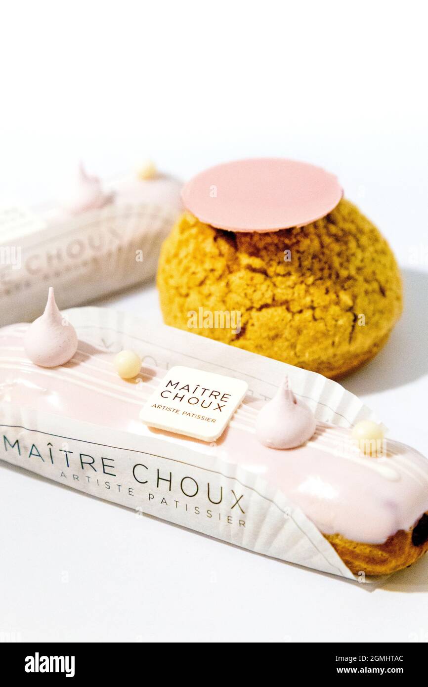 Raspberry eclairs and raspberry choux bun from Maitre Choux, London, UK ...