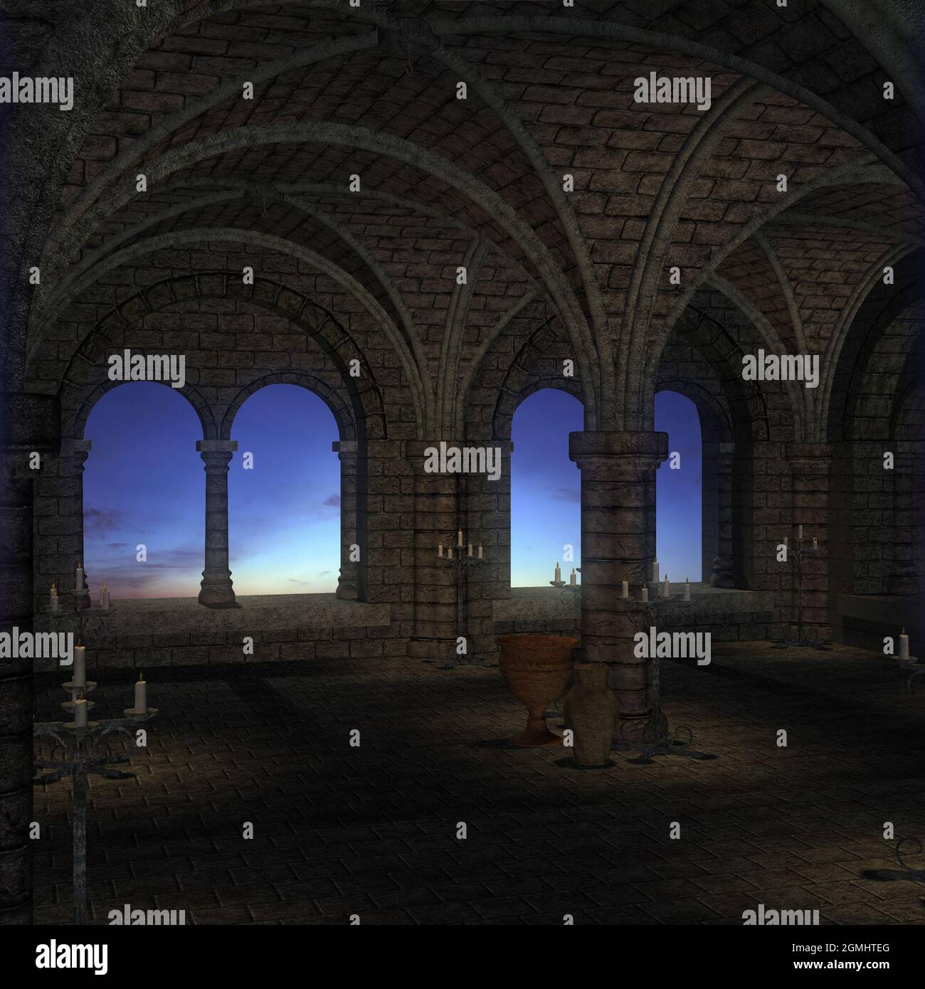 3d illustration of a fantasy cloister with a colorful sky through ...