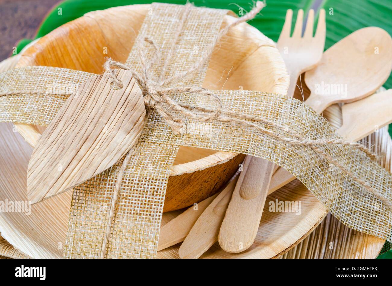 Kitchenware made from dried betel nut leaf palm, natural material. The ...