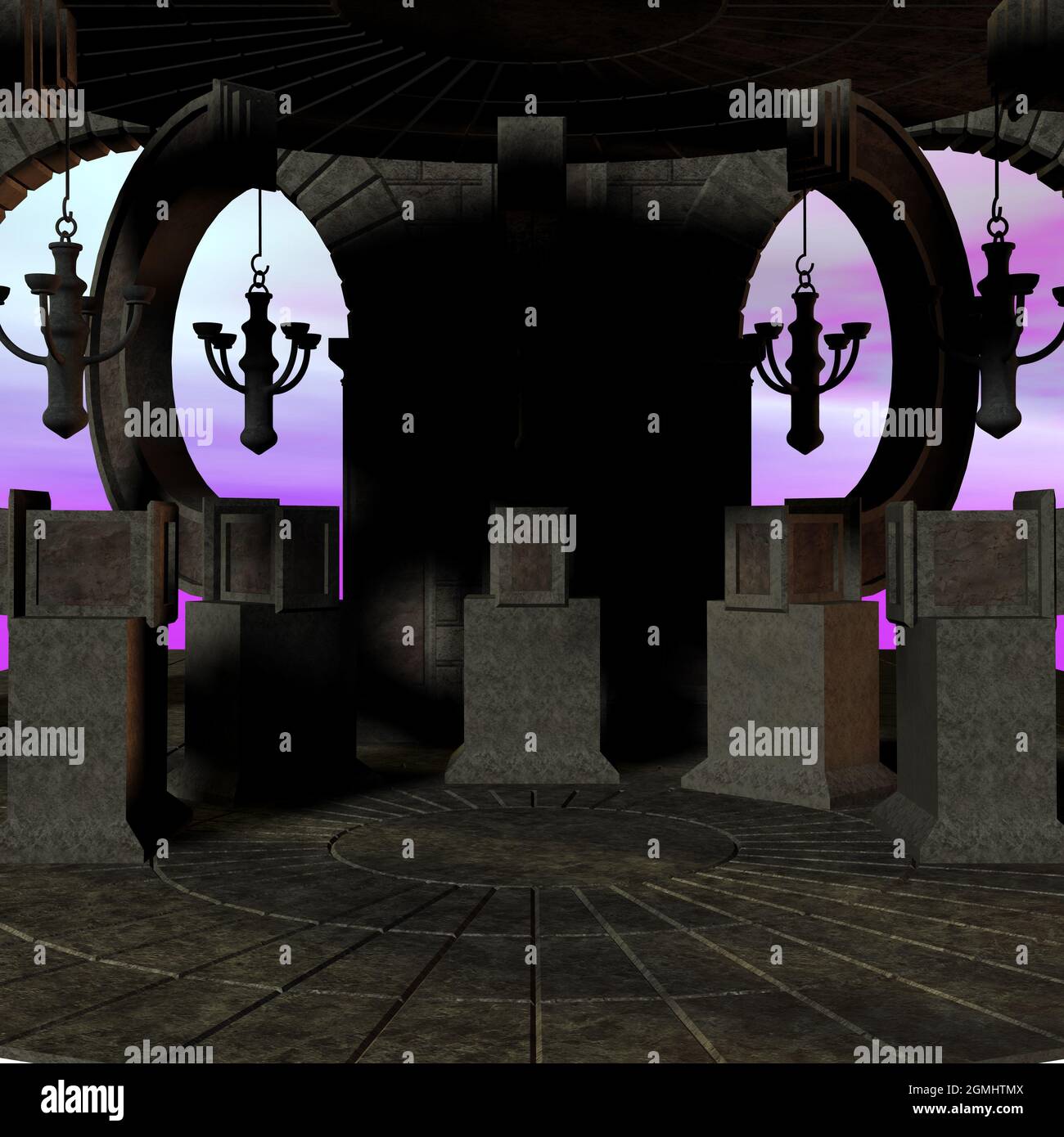 3d illustration of a fantasy and mythical place with a colorful sky ...