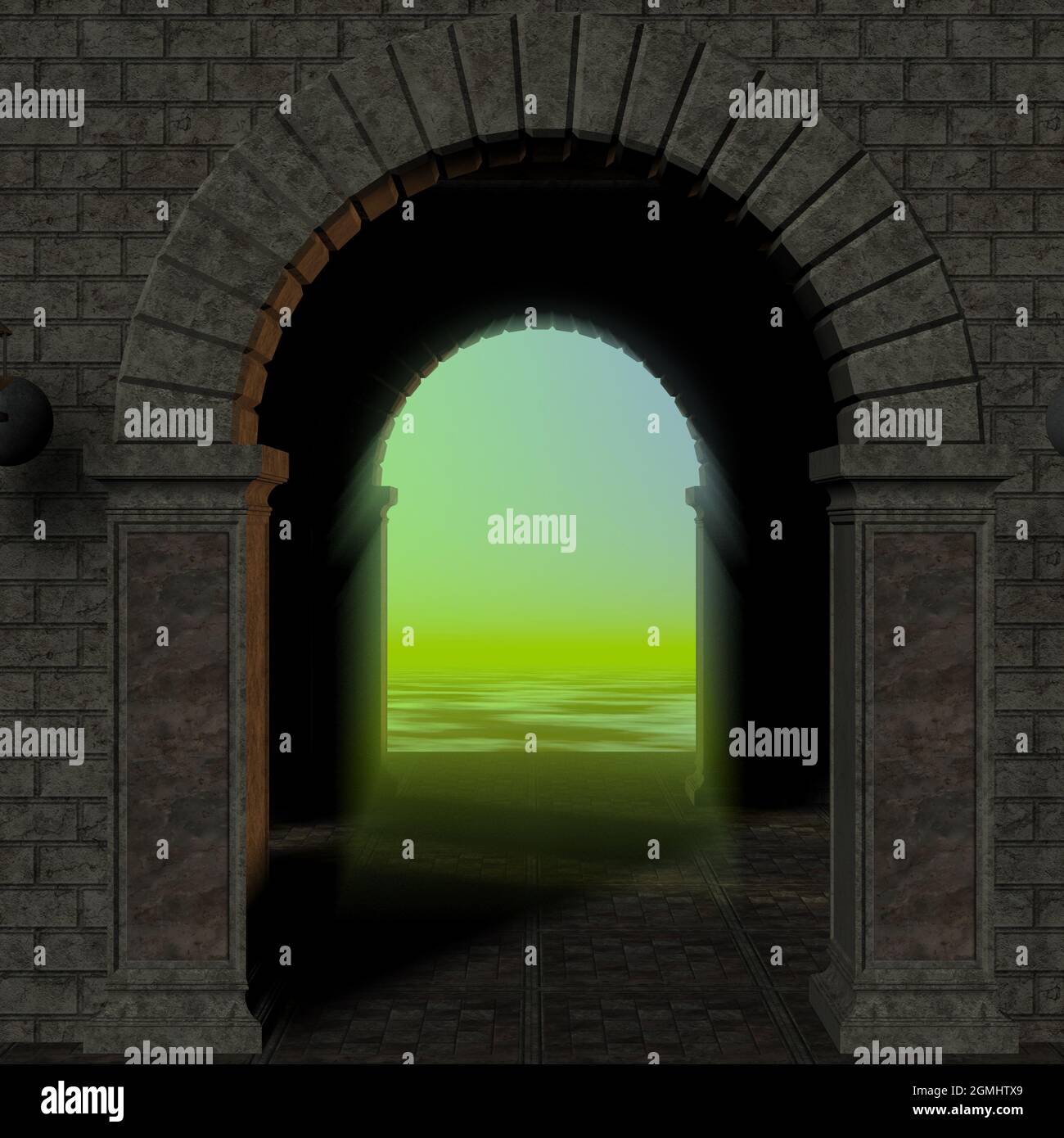 3d illustration of a fantasy and mythical place with a colorful sky ...