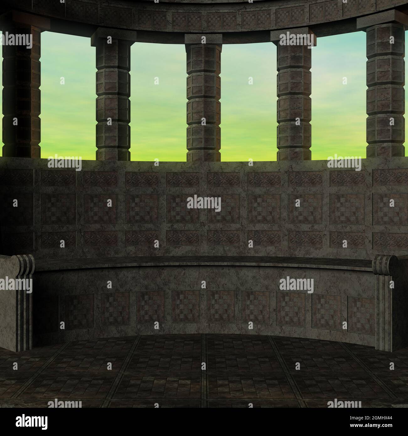 3d illustration of a fantasy and mythical place with a colorful sky ...