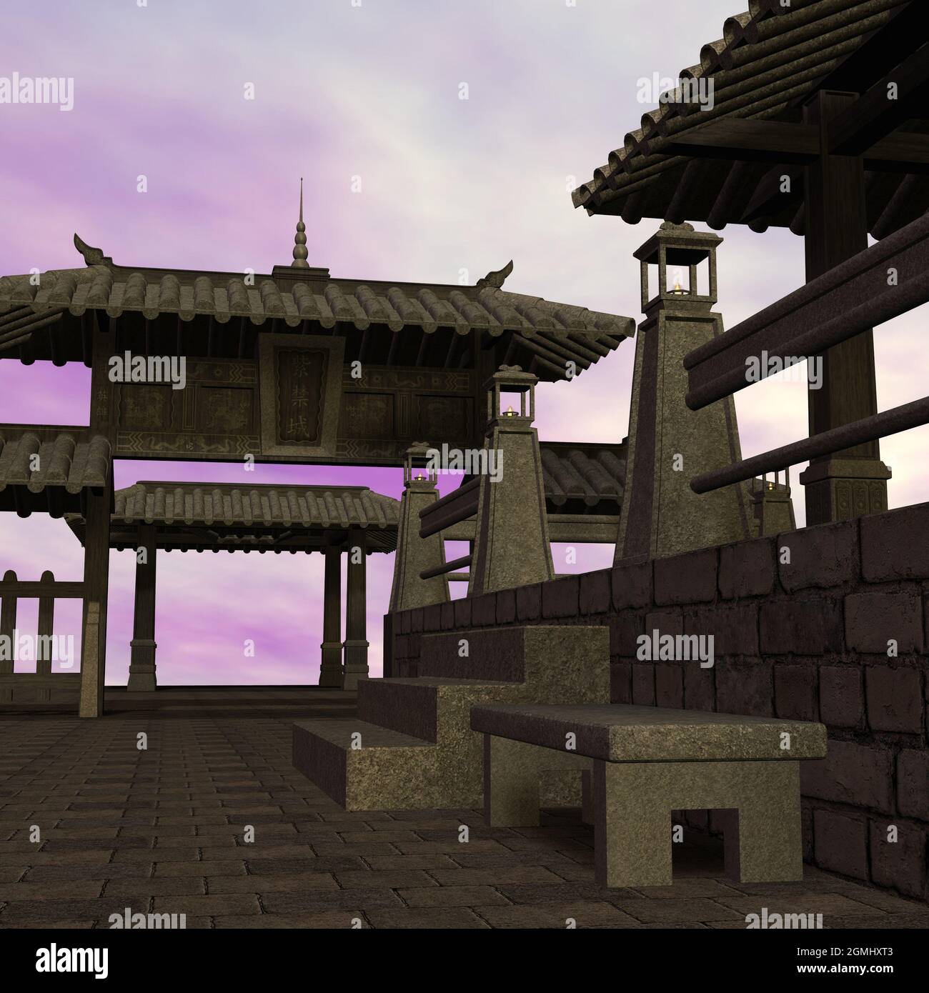 3d illustration of a fantasy asian place with a colorful sky Stock ...
