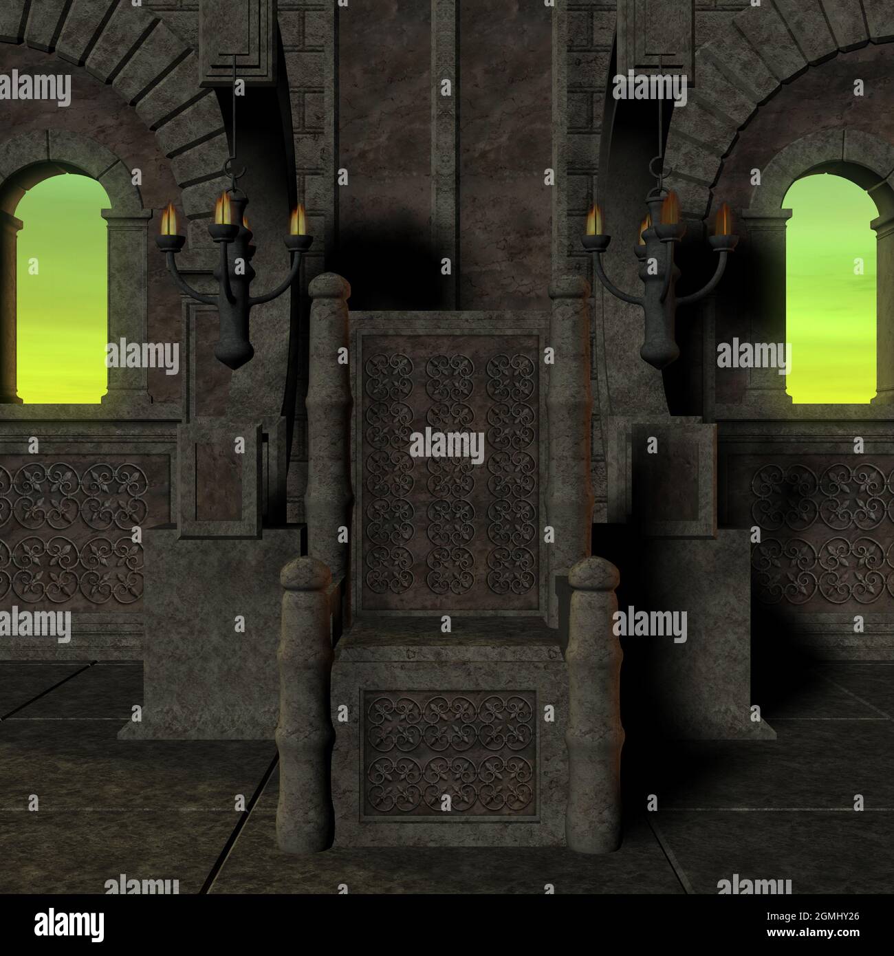 3d illustration of a fantasy and mythical place with a colorful sky ...