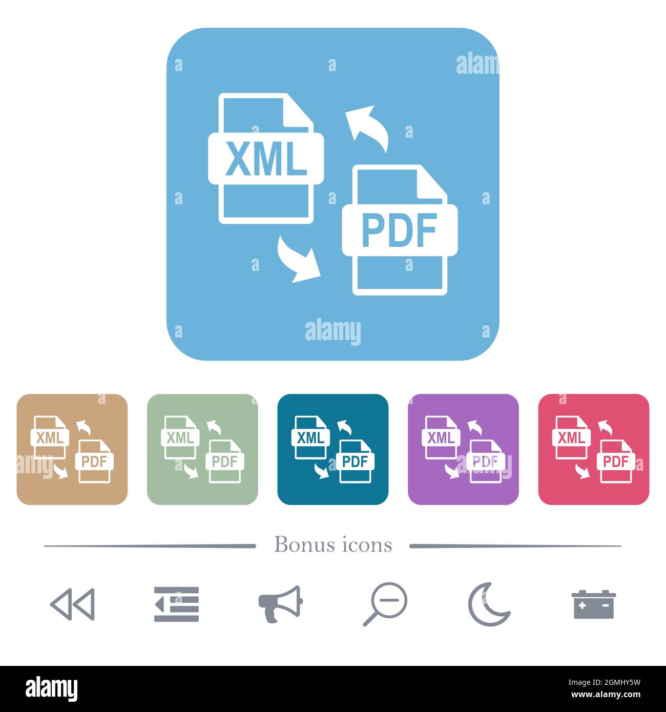 XML PDF file conversion white flat icons on color rounded square ...