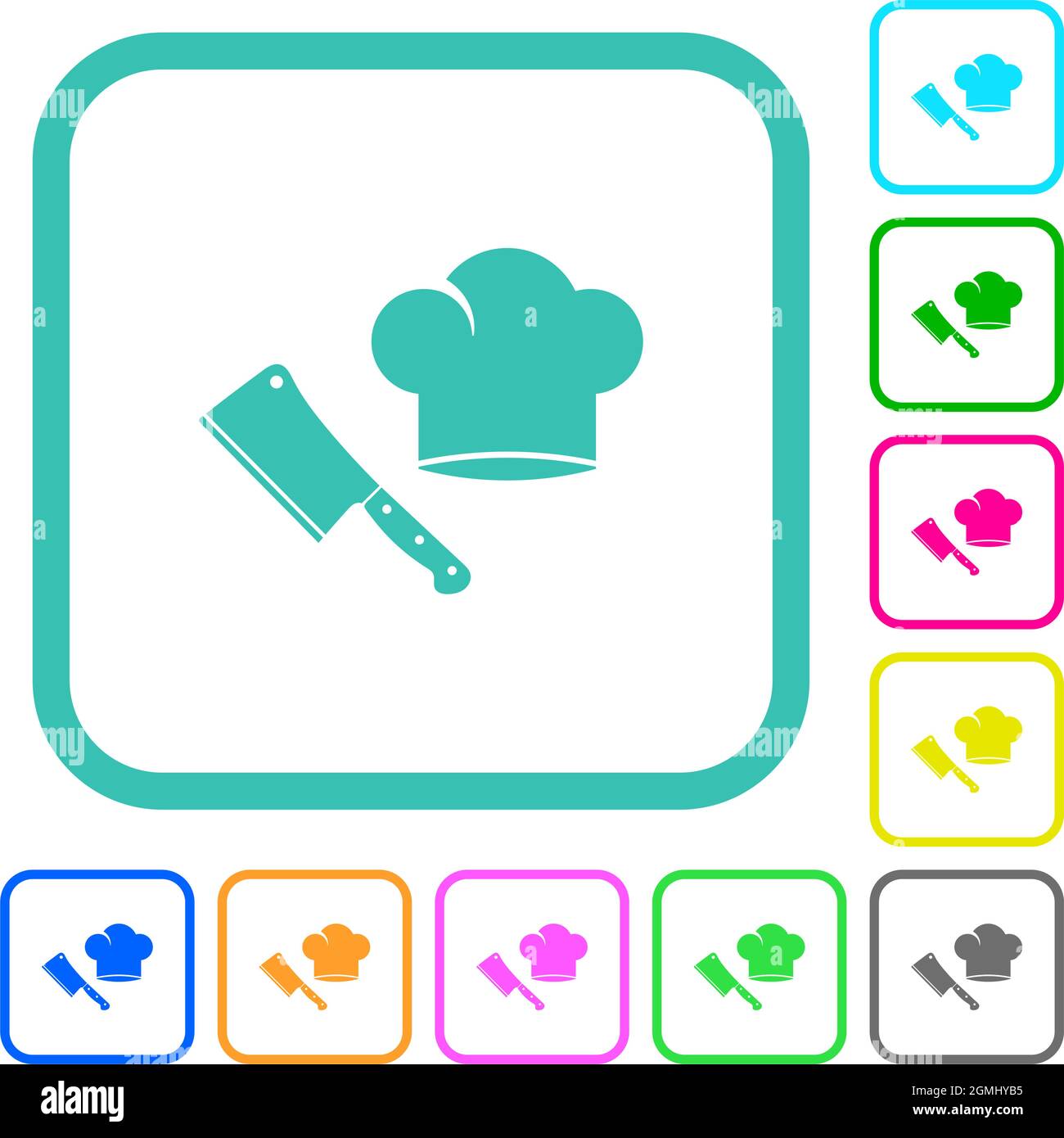 Meat cleaver knife and chef hat vivid colored flat icons in curved ...