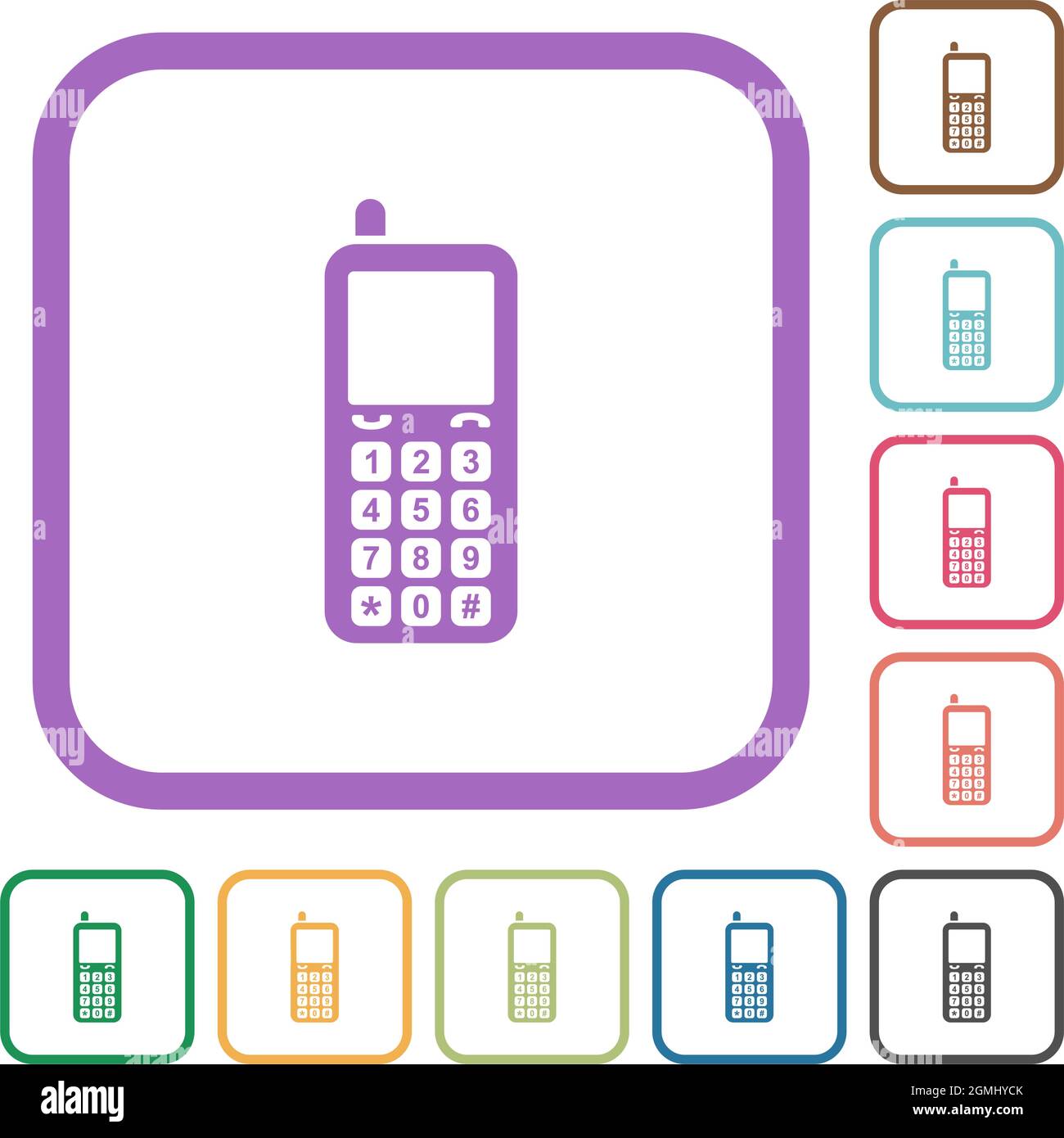 Retro mobile phone simple icons in color rounded square frames on white ...