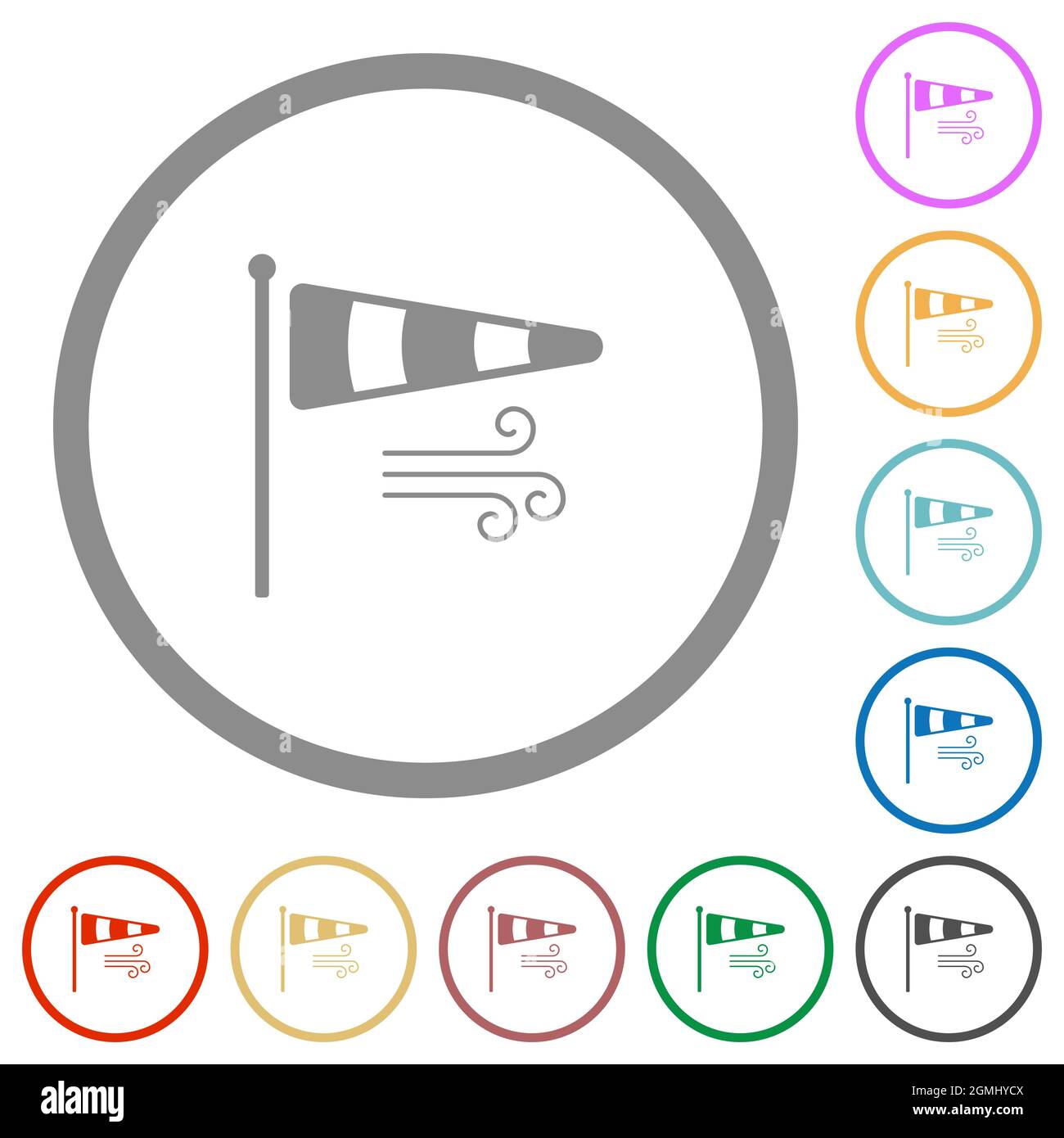 Windsock indicator with wind solid flat color icons in round outlines on white background Stock ...